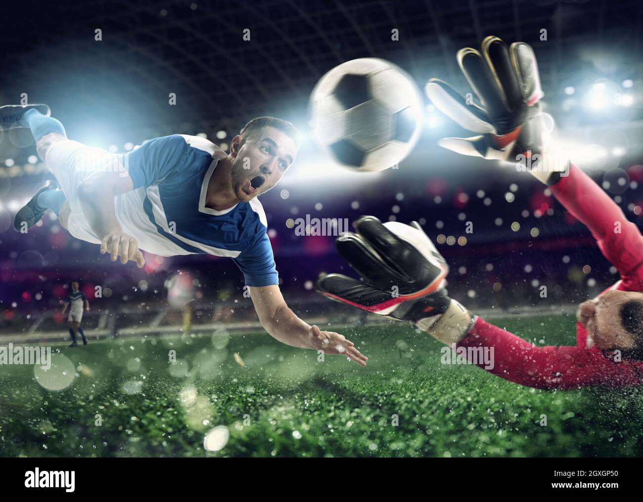 Football close up scene at the stadium of a goalkeeper that catches the ...