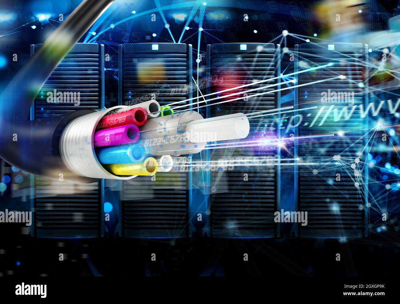 Twisted fiber optic cables in dark background. Concept of fast server ...