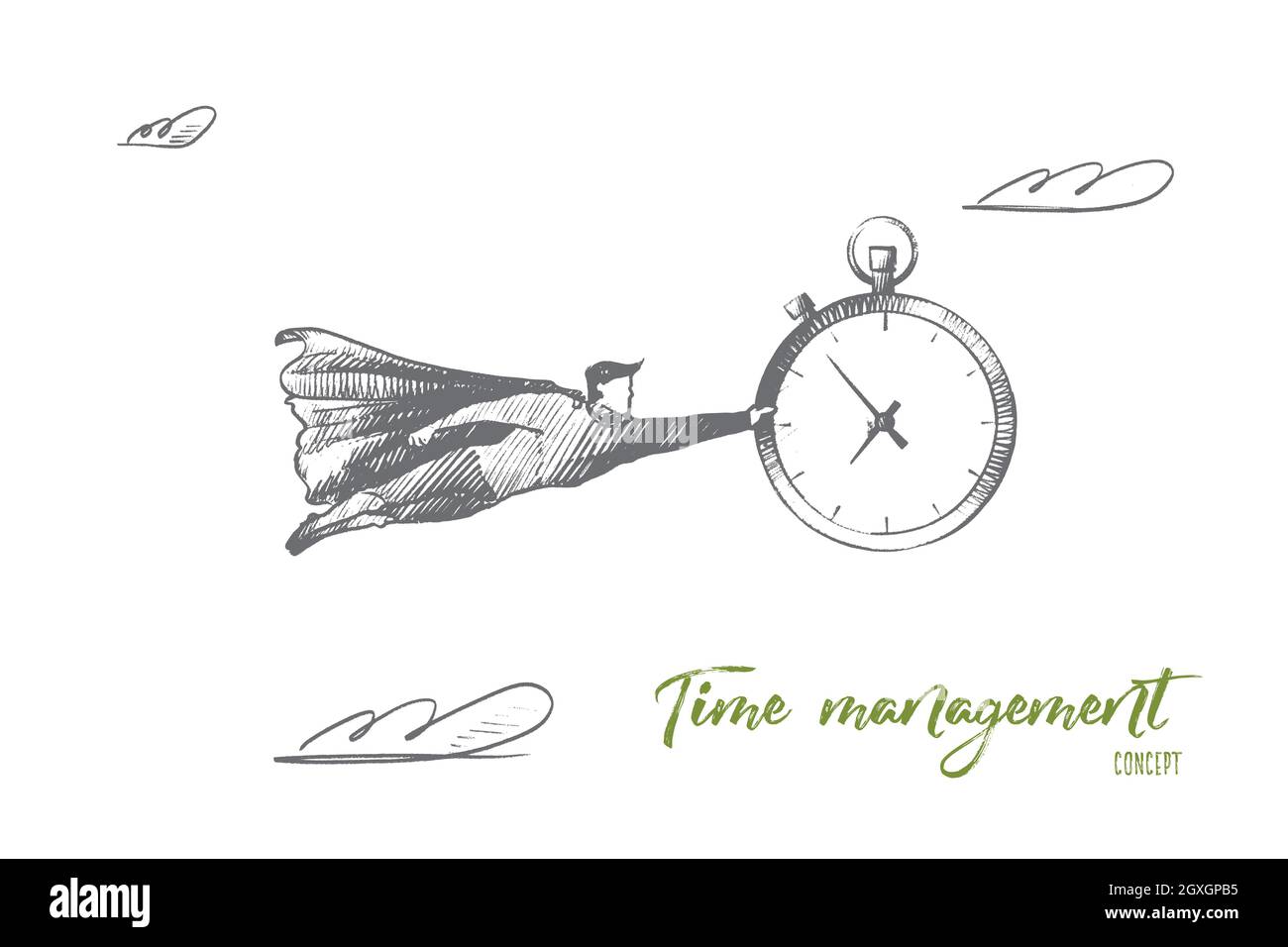 Time management concept. Hand drawn superhero with big clock in hand ...