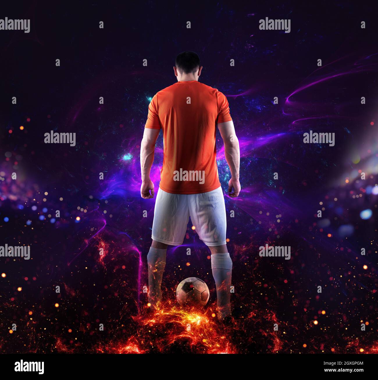 Football scene with soccer player in front of a futuristic internet ...