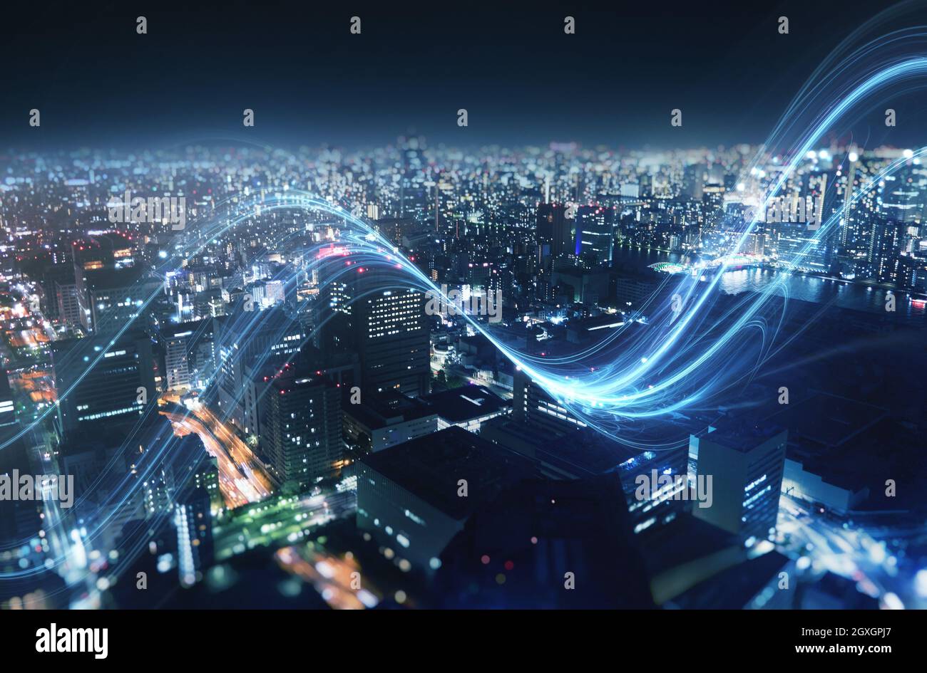 Fast internet connection in the city at night. Abstract technology ...