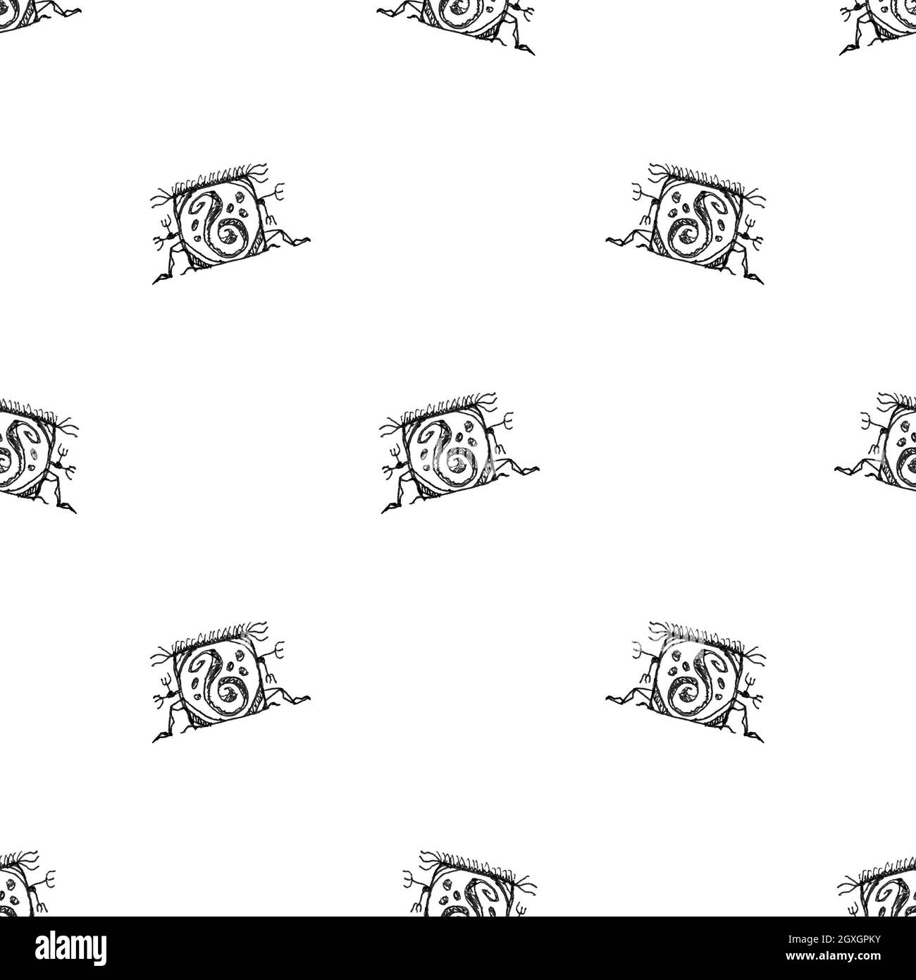 Weird fantasy monster sketchy drawing motif black and white seamless ...