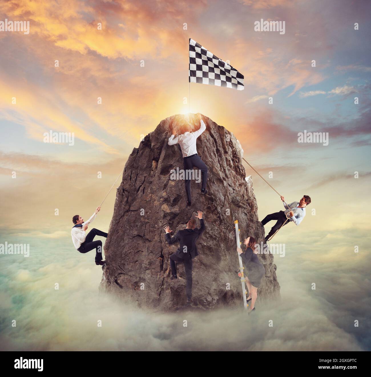 Businessmen climb a mountain to get the flag. Achievement business goal ...