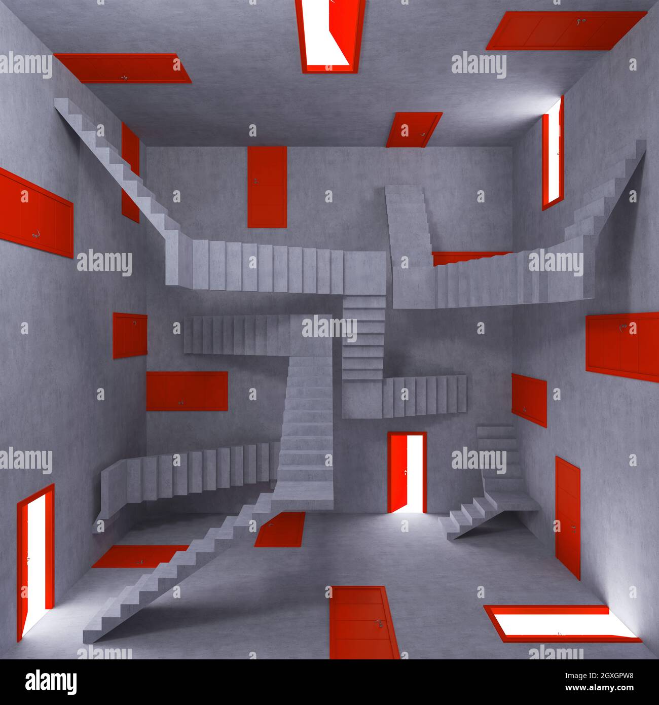 Confusion and complexity in a room full of doors and stairs. Concept of ...