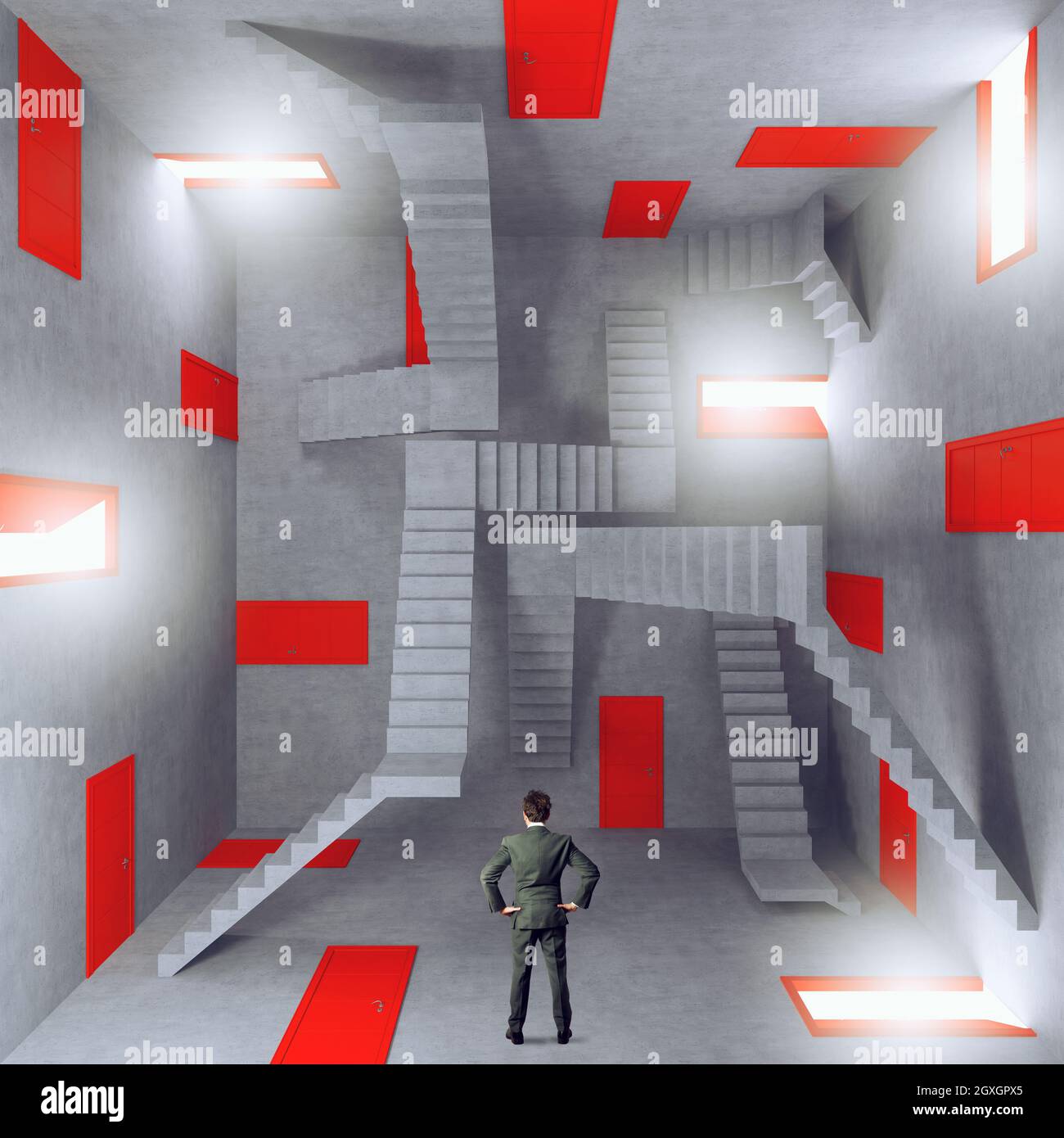 Confusion and complexity with a businessman in a room full of doors and ...