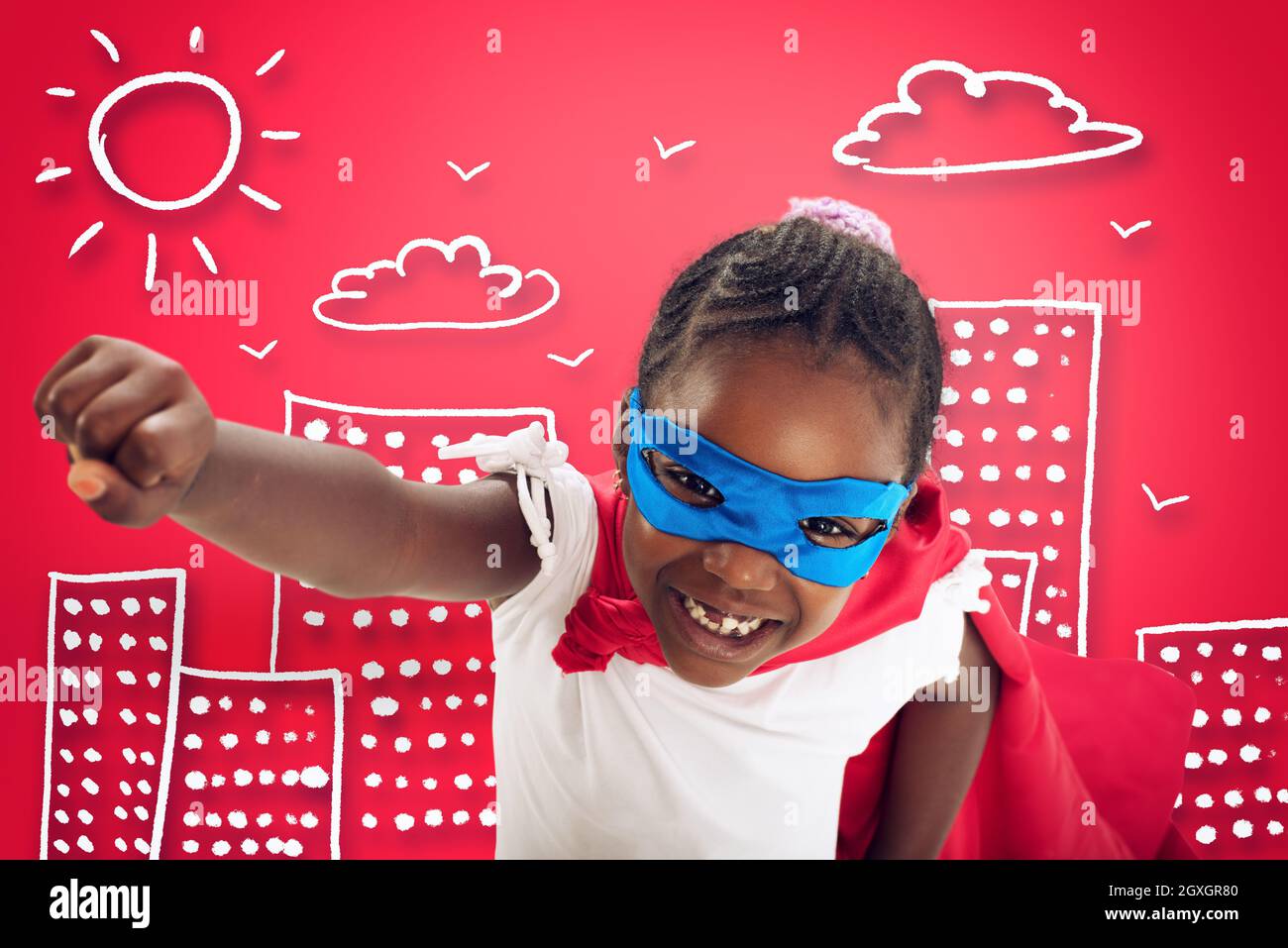 Child acts like a brave superhero to save the world Stock Photo - Alamy