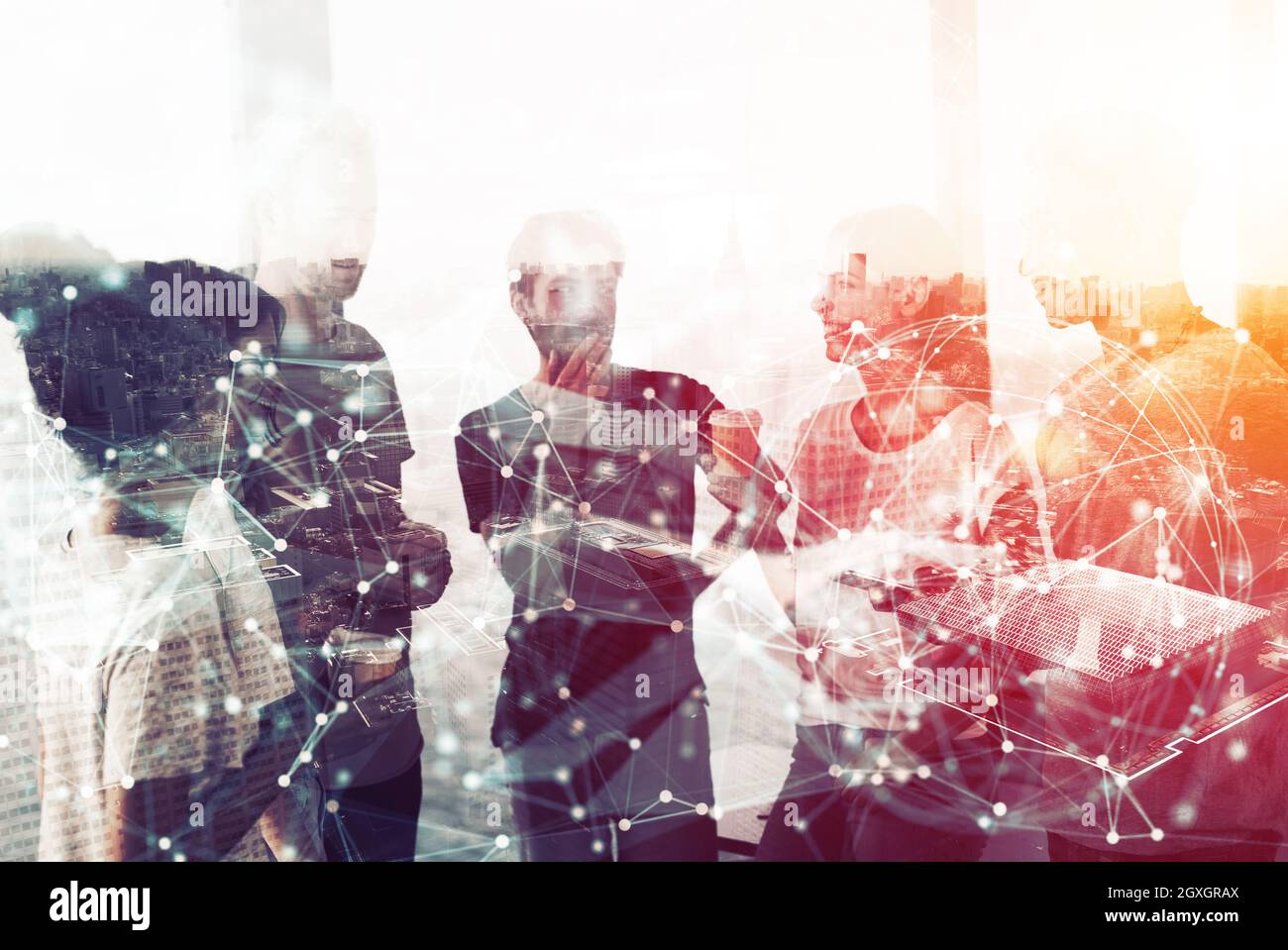 Abstract concept of network infrastructure. Double exposure effects ...