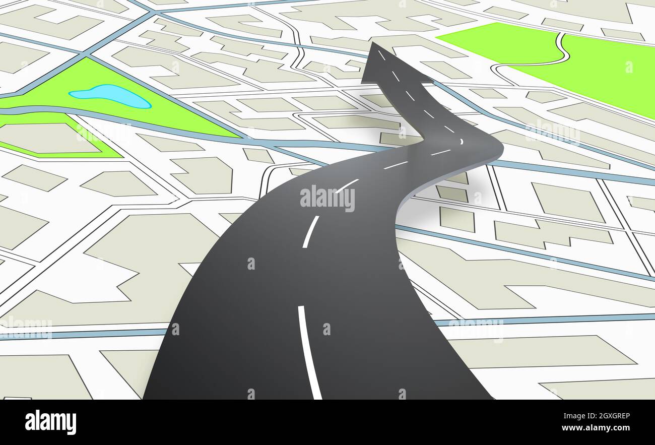 Concept of road navigation with a city map. 3D Rendering Stock Photo ...