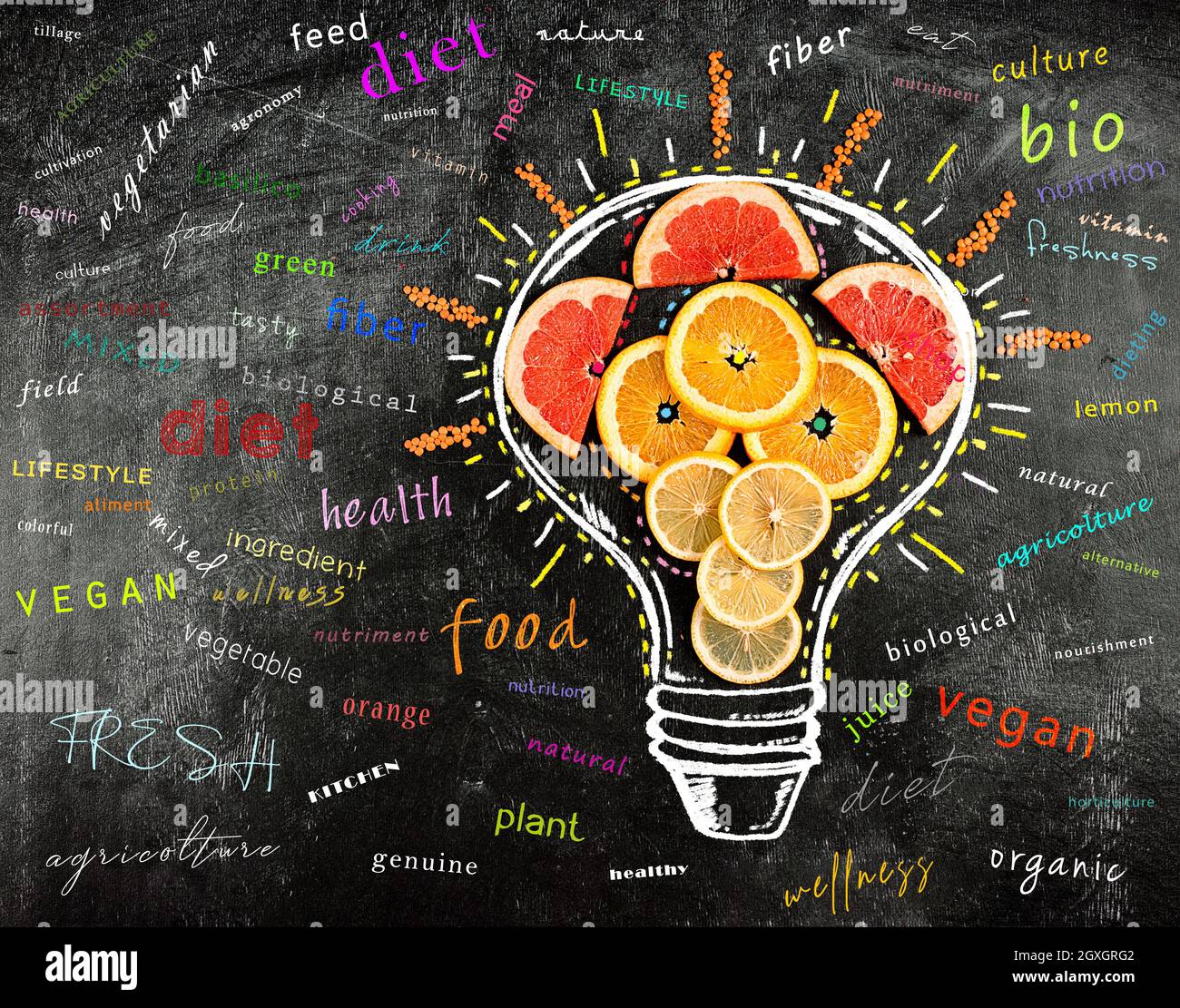 Light bulb with inside orange and lemon fruit. Healthy food concept ...
