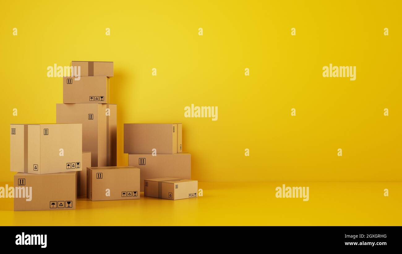 Stack of sealed paper boxes on the floor Stock Photo - Alamy