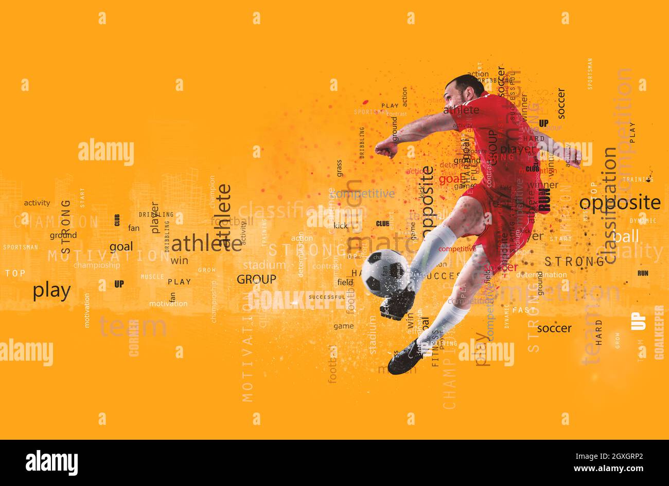 Football scene of a soccer player in action during a kick. Text effect ...