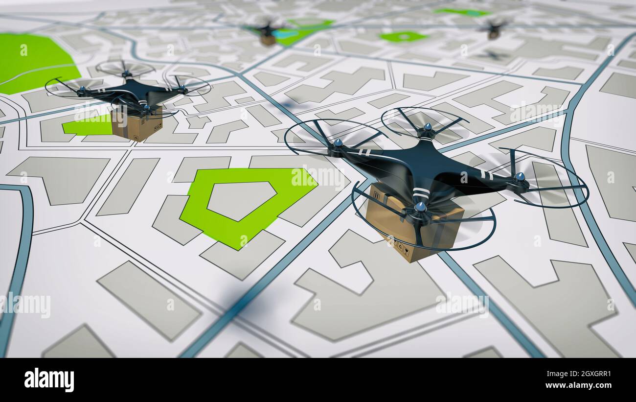 Delivery of a package by air with quadcopter Stock Photo - Alamy
