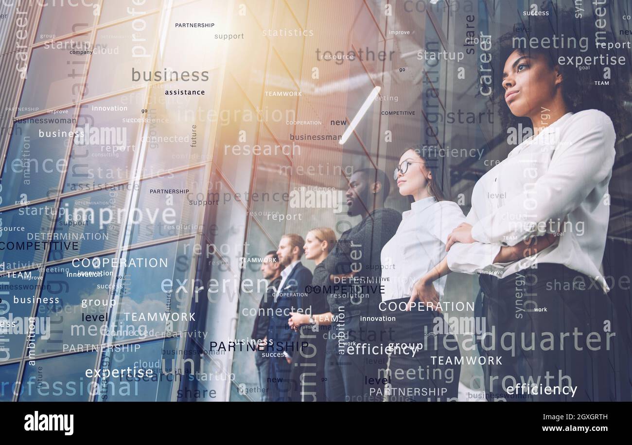 Business people in office in front of window look far. Future vision ...