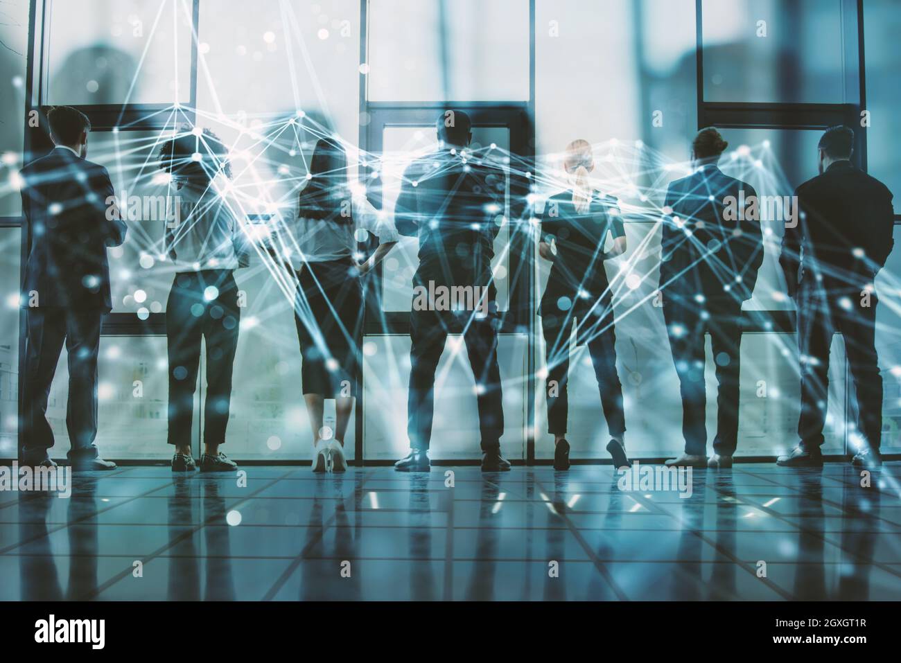 Abstract concept of network infrastructure. Double exposure effects ...