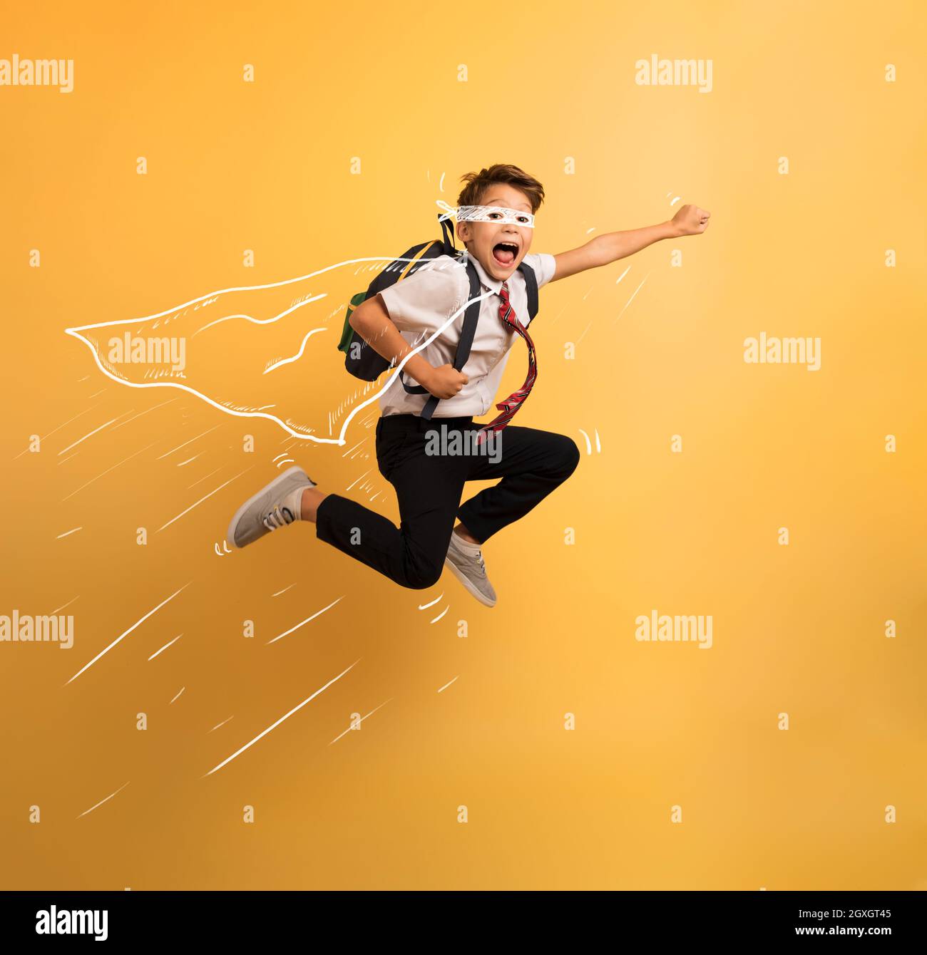 Young boy student jumps high like a super hero to escape from school ...