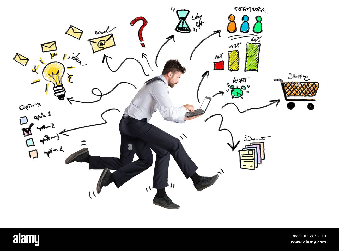 Businessman with four legs runs fast with too many tasks on laptop ...