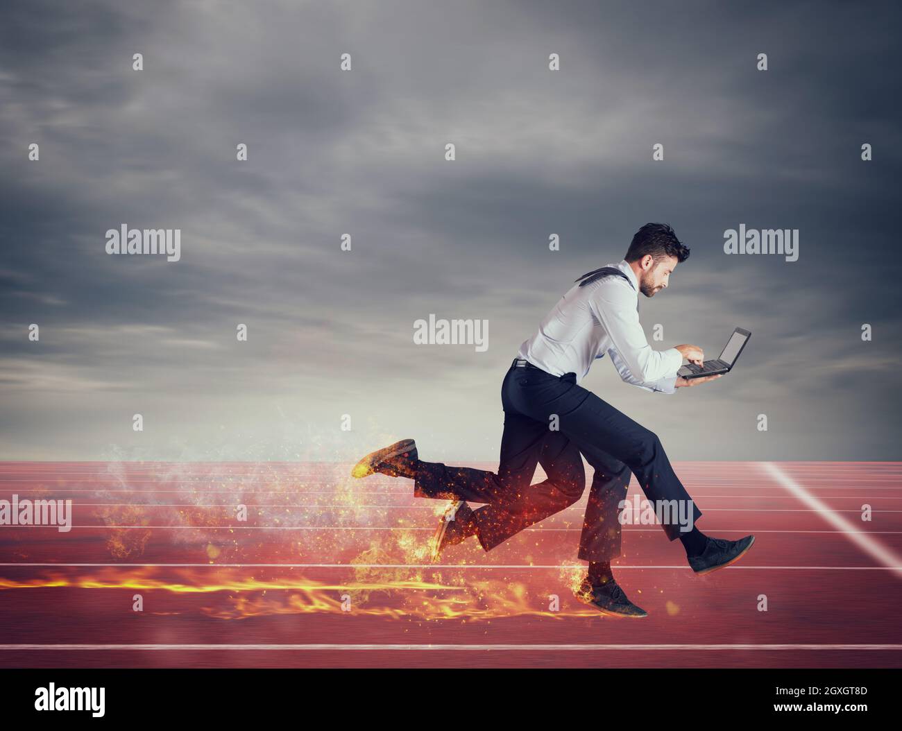 Businessman with four legs runs fast with too many tasks on laptop ...