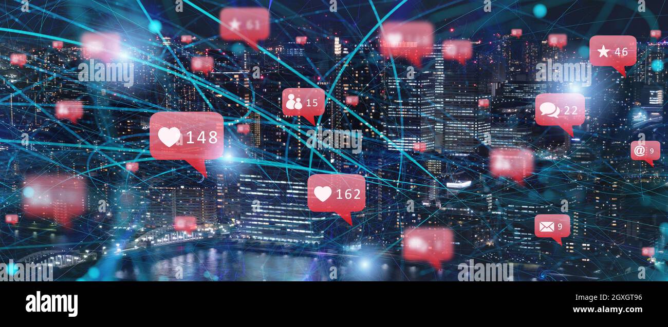 Fast connection transmission in the city at night. Concept of social ...