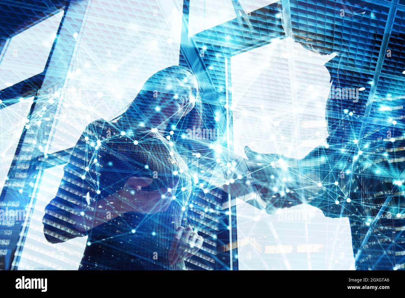 Abstract concept of network infrastructure. Double exposure effects ...