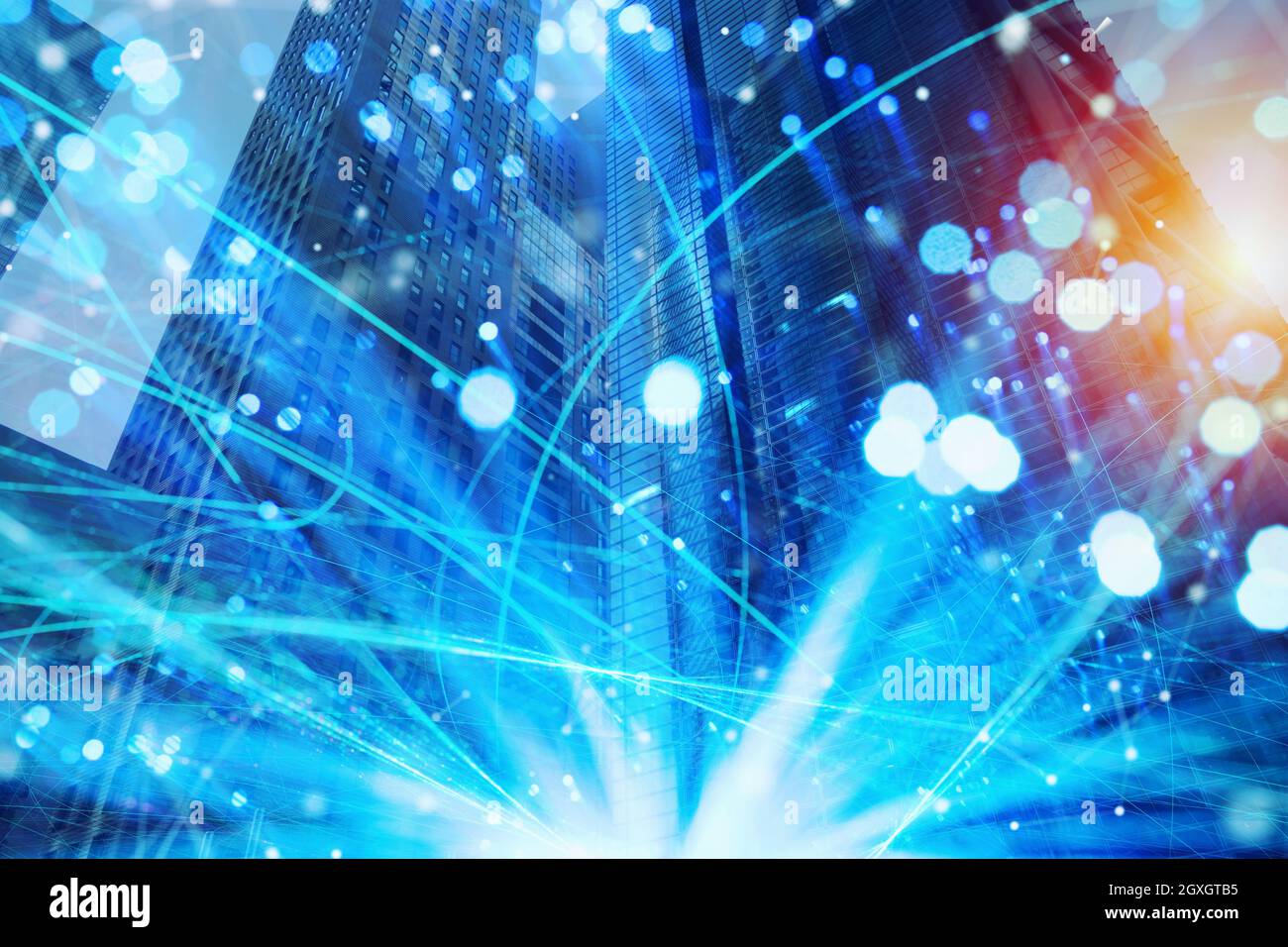 Fast internet connection in the city at night. Abstract technology ...