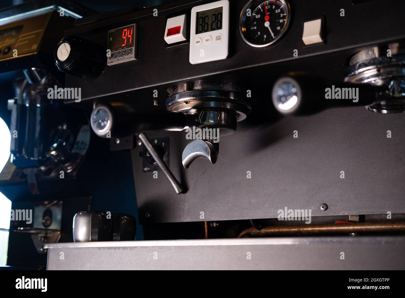 Close-up of Espresso machine making coffee in pub, bar, restaurant ...
