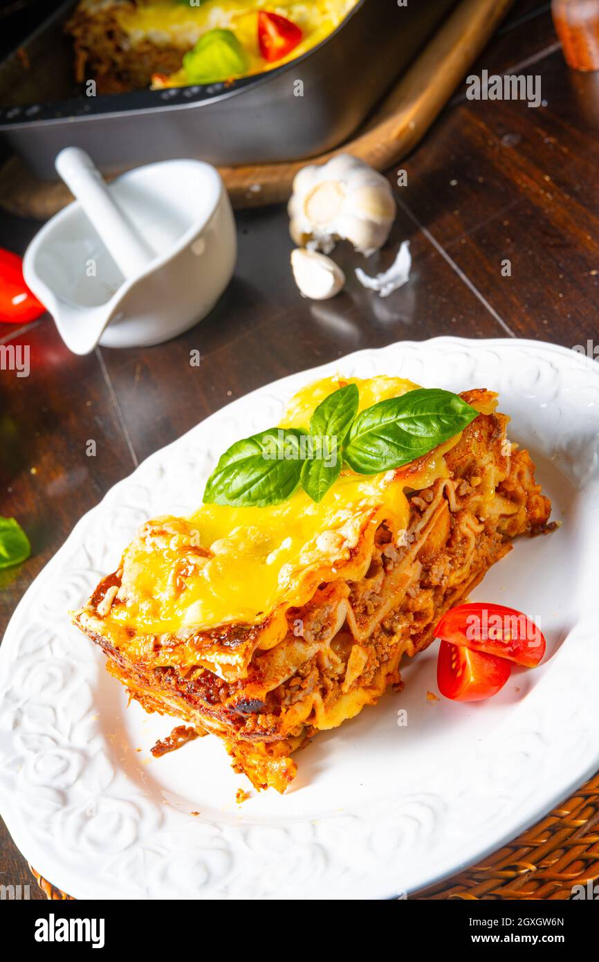 Delicious lasagne with Bolognese and bechamel sauce Stock Photo - Alamy