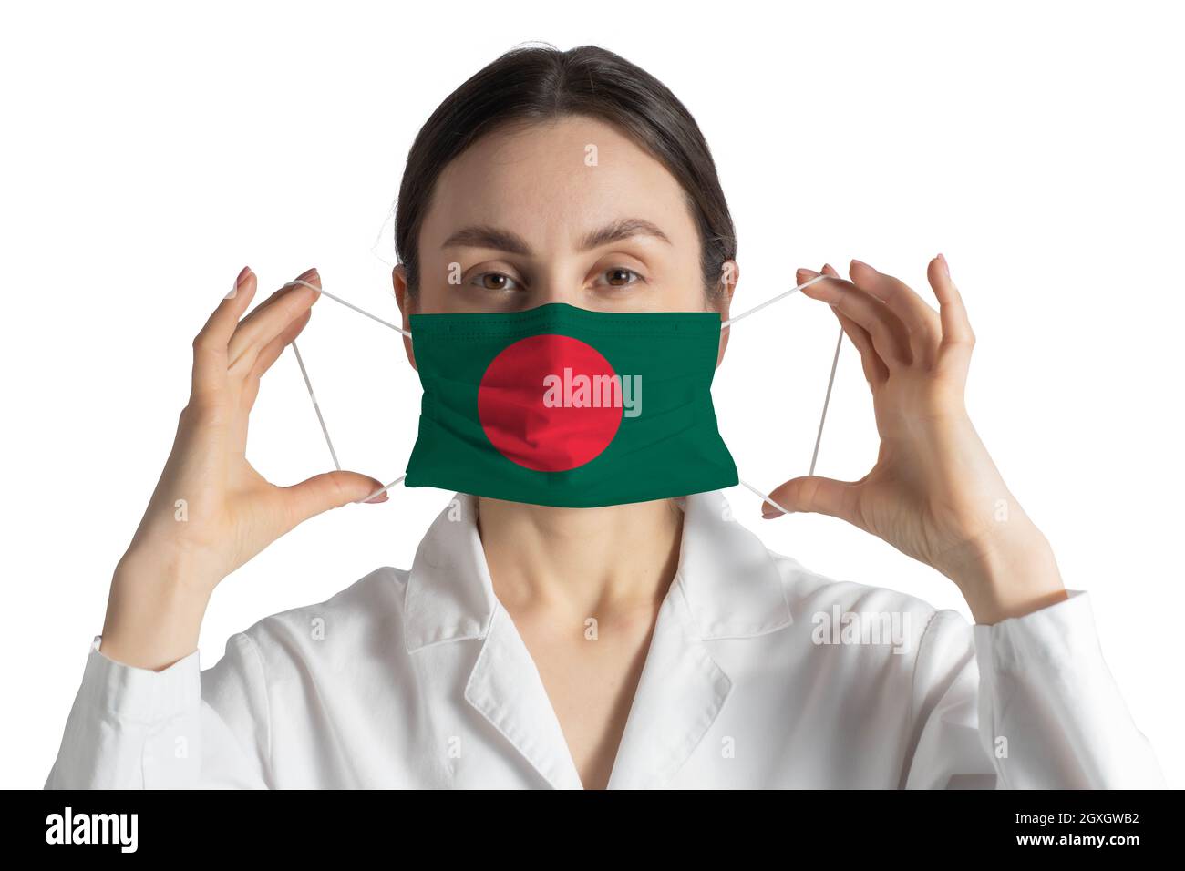 Respirator with flag of Bangladesh Doctor puts on medical face mask ...