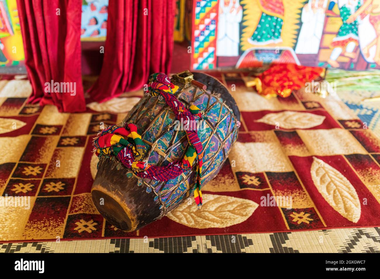 religious drum, musical instrument inside Entos Eyesu UNESCO Monastery ...