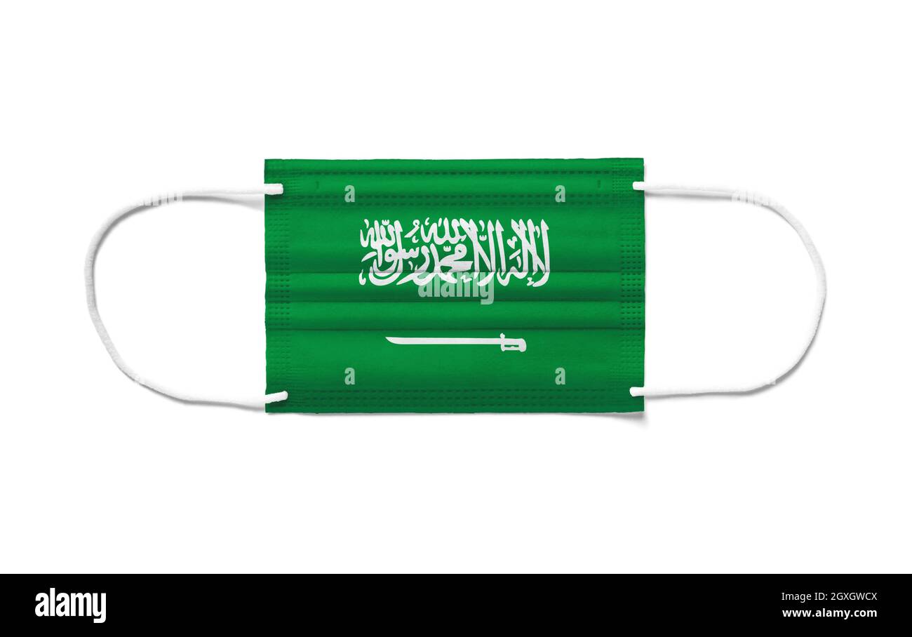 Flag of Saudi Arabia on a disposable surgical mask. White background ...