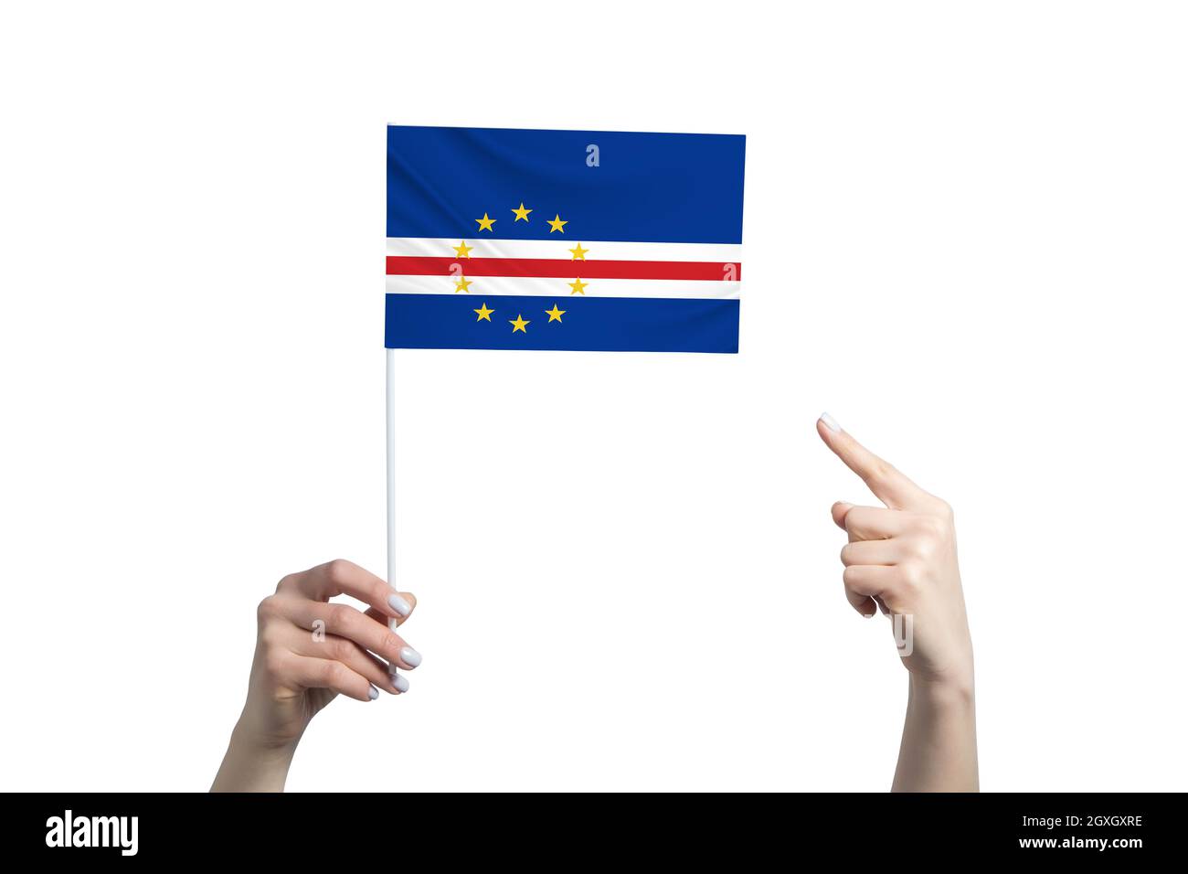 A beautiful female hand holds a Cape Verde flag to which she shows the ...