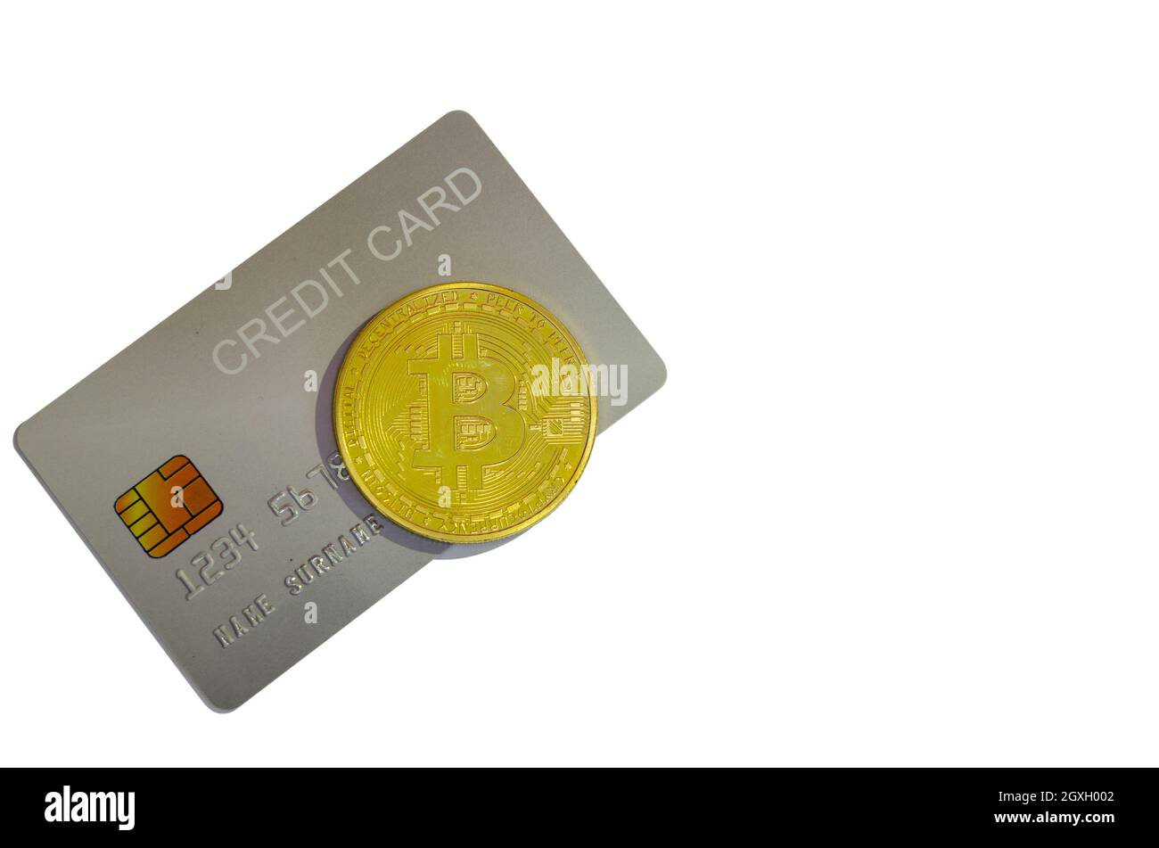 Bitcoin and credit cards isolated on white background Stock Photo - Alamy