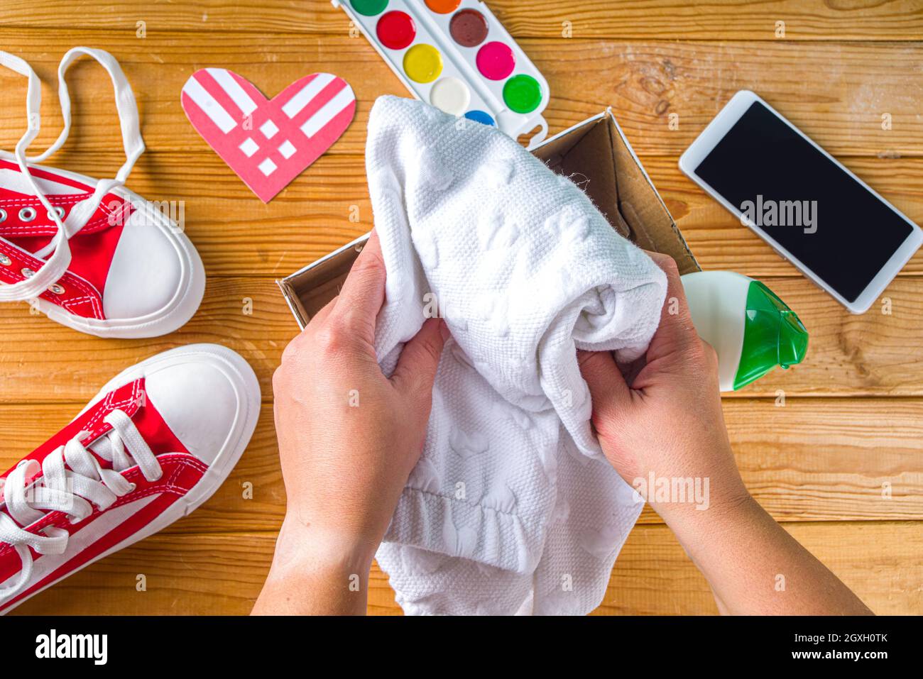 Donation Box with various give goods for Giving Tuesday, with red heart ...
