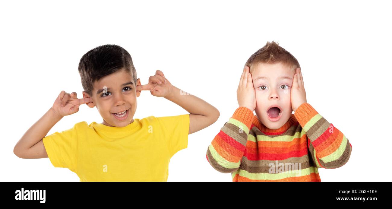 Two funny children isolated on a white background Stock Photo - Alamy