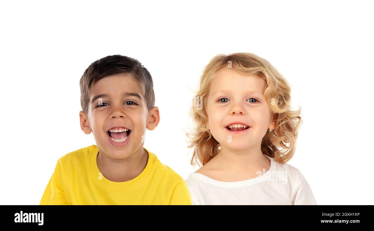 Two different children looking at camera isolated on a white background ...