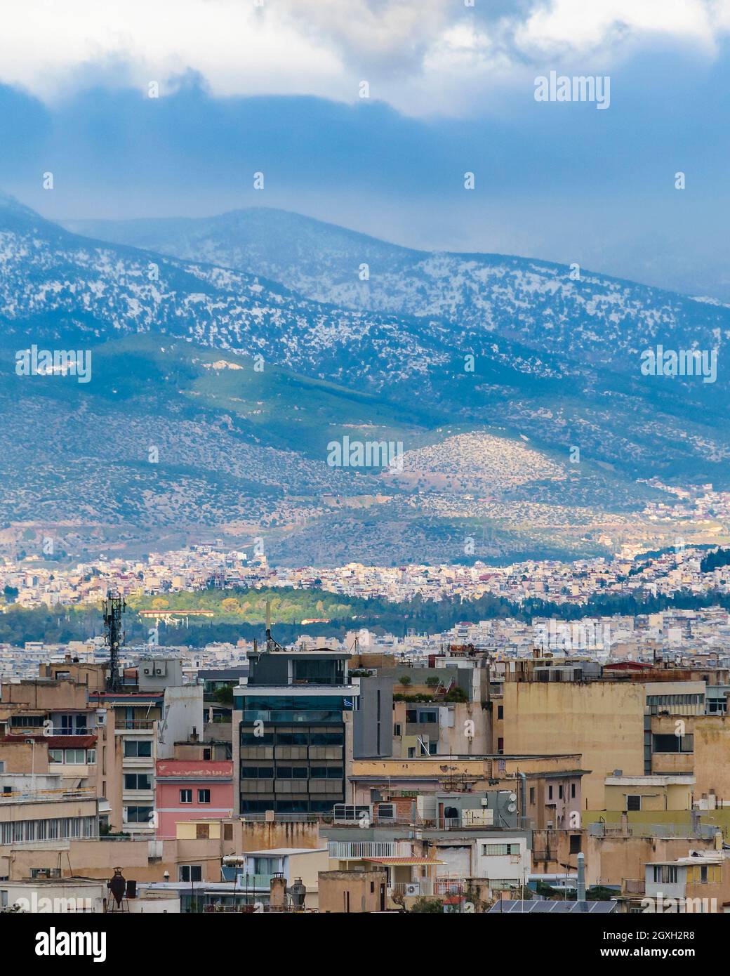 Aerial view cityscape of athens from top of philopappos hill, a famous ...