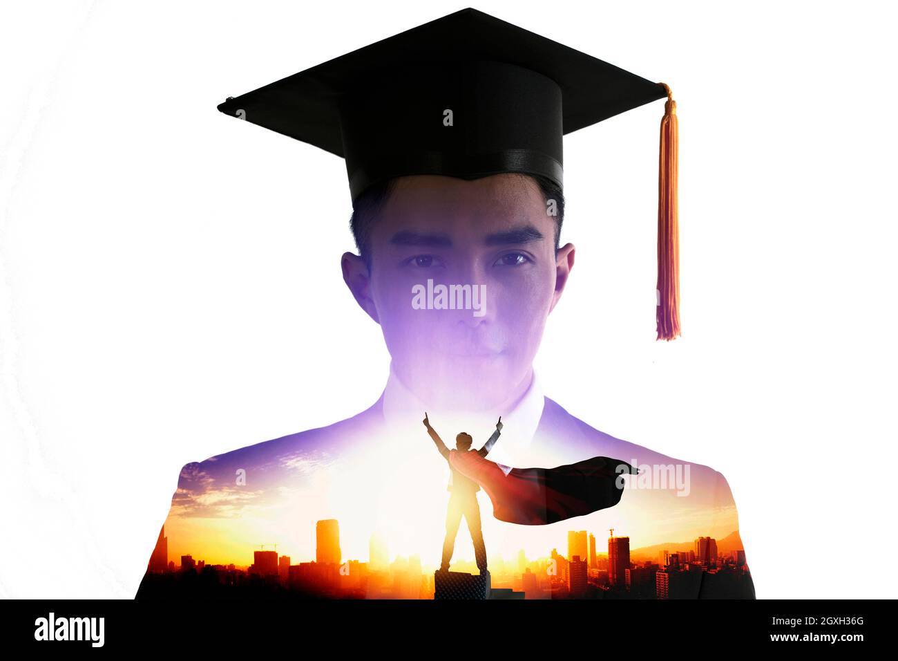 Confident young graduation man face with knowledge is power concepts ...