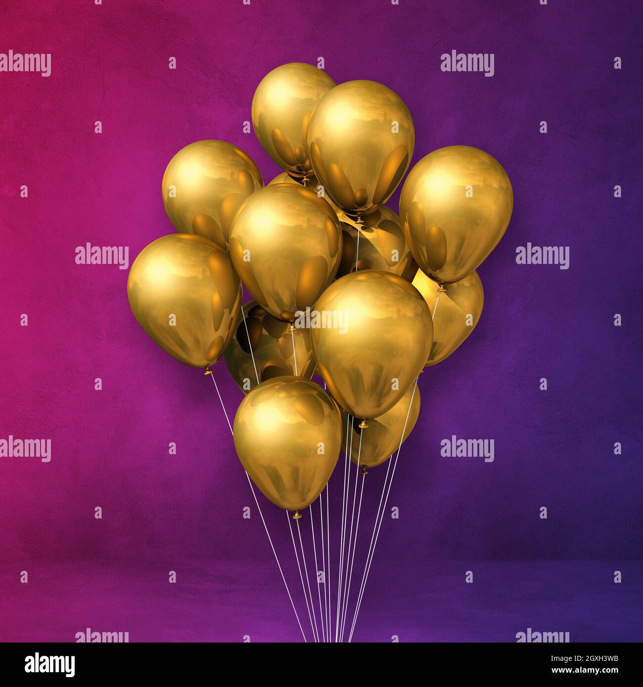 Gold balloons bunch on a purple wall background. 3D illustration render ...