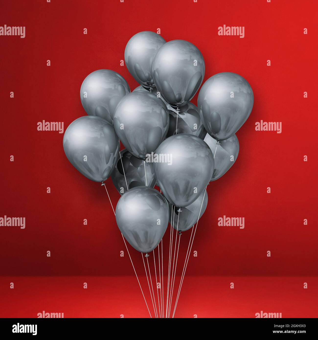 Silver balloons bunch on a red wall background. 3D illustration render ...