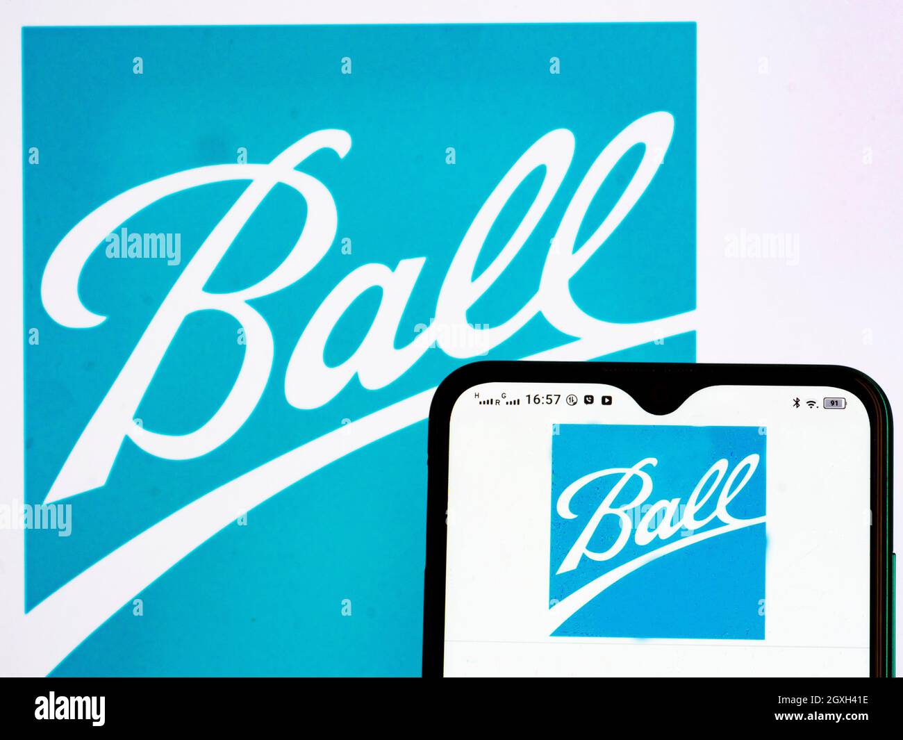 In this photo illustration Ball Corporation logo seen displayed on a ...