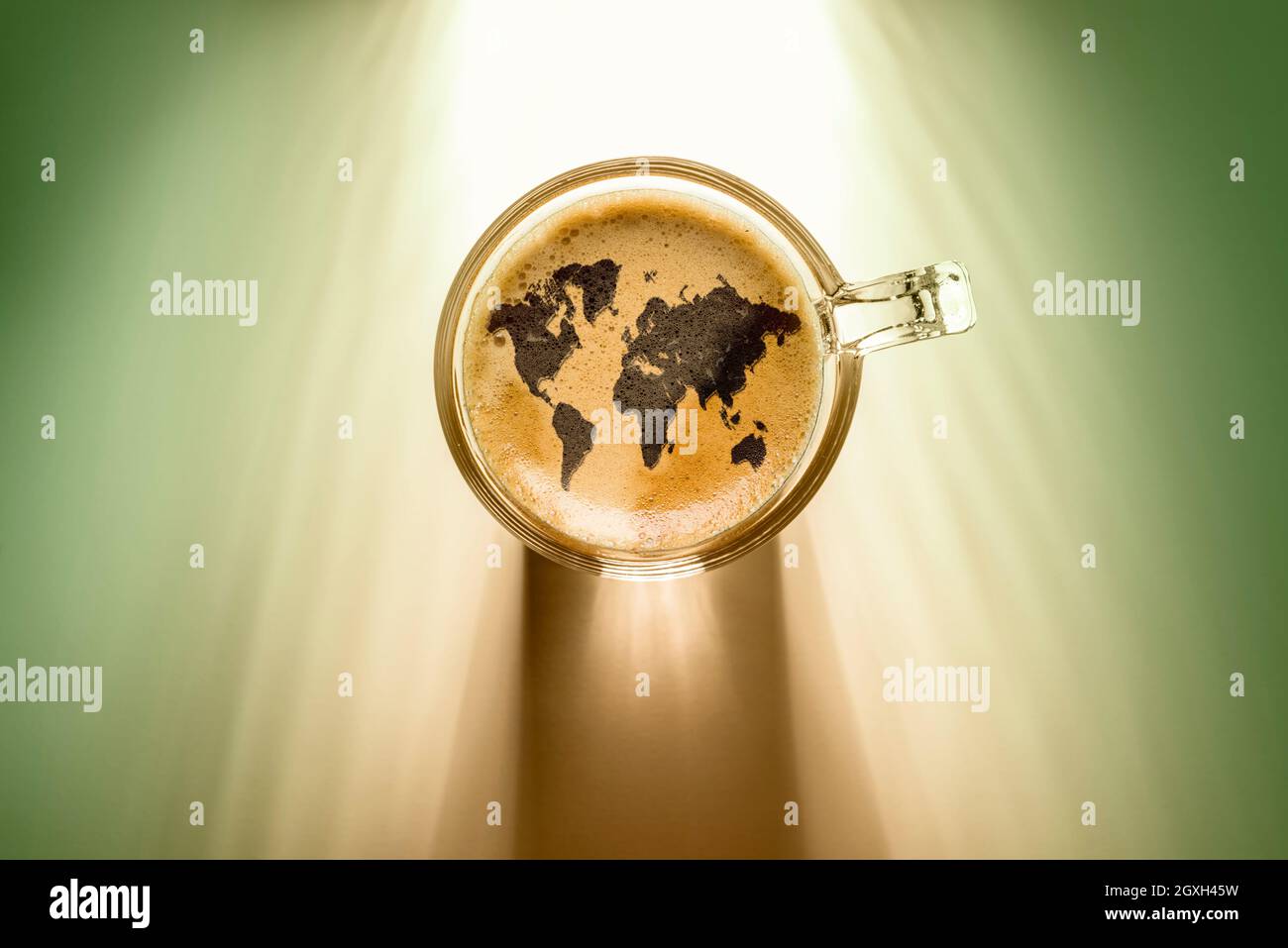 coffee cup with world map sign, top view on background with sunlight ...