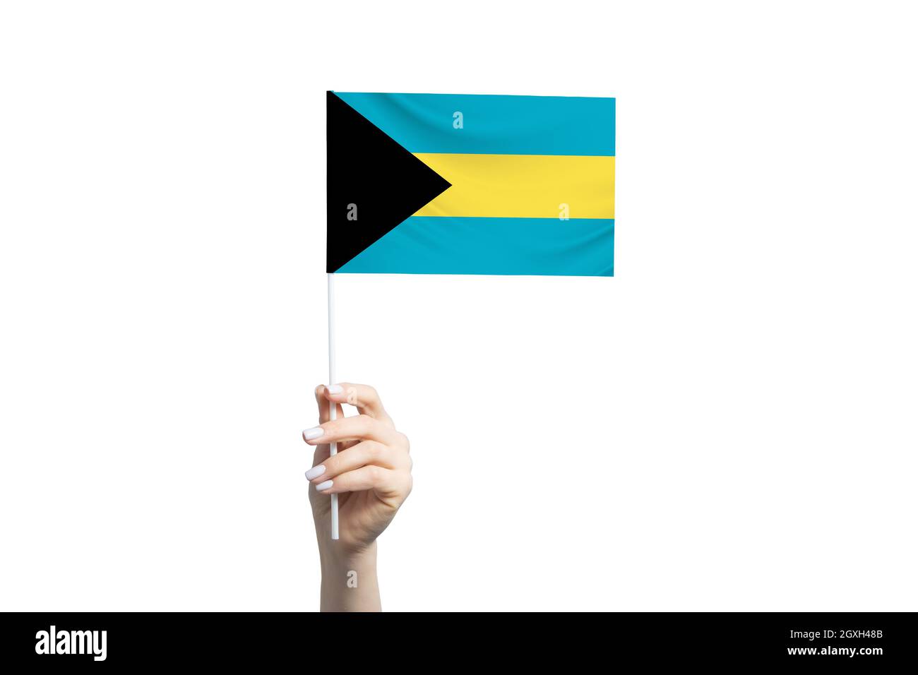 Beautiful female hand holding Bahamas flag, isolated on white ...