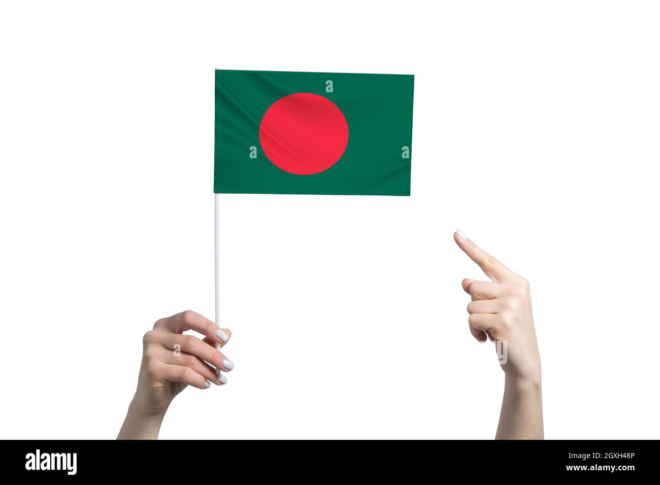 A beautiful female hand holds a Bangladesh flag to which she shows the ...