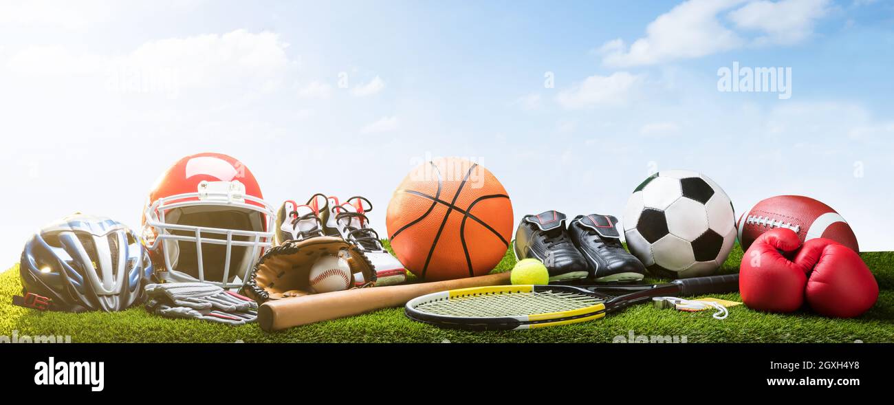 Various Sport Equipment And Balls On Grass Stock Photo - Alamy
