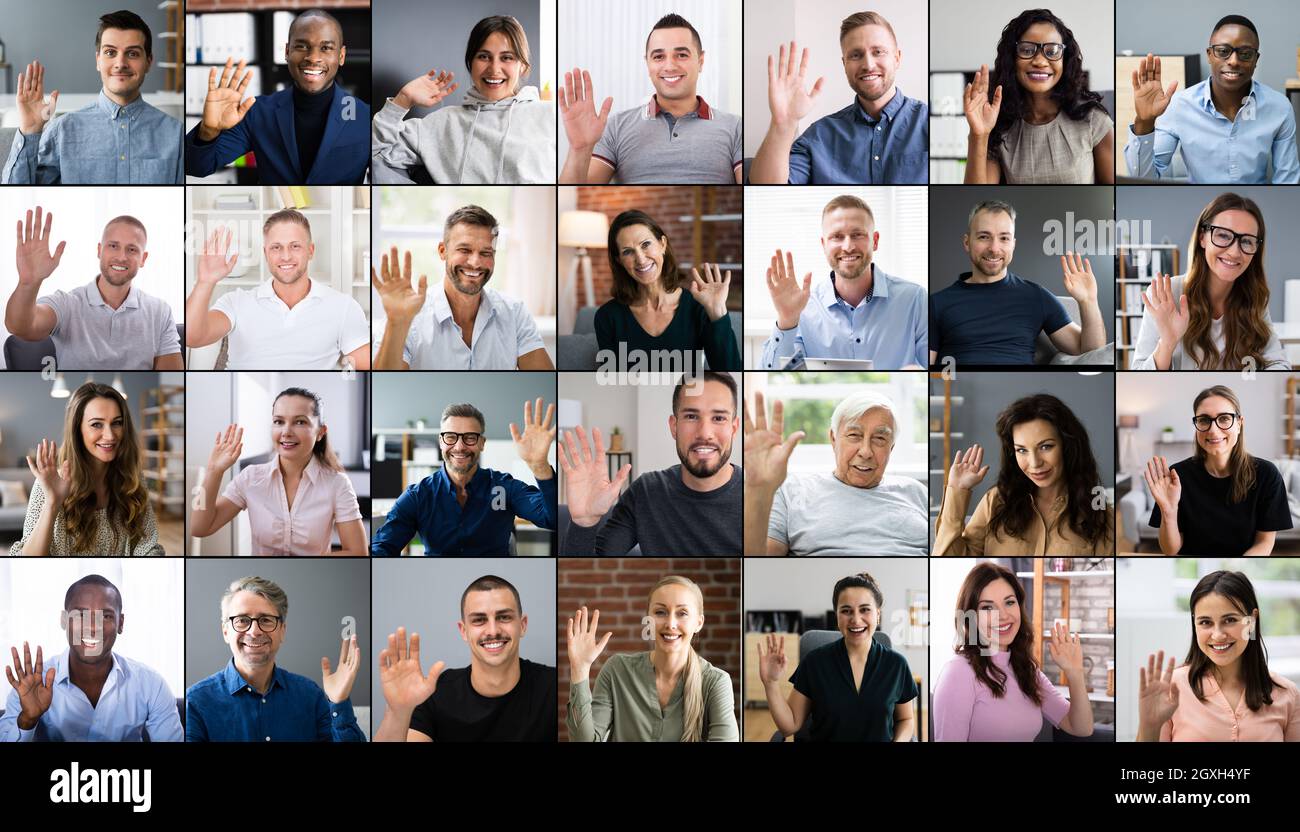 Online Virtual Video Conference Call. Group Of People Waving Goodbye ...