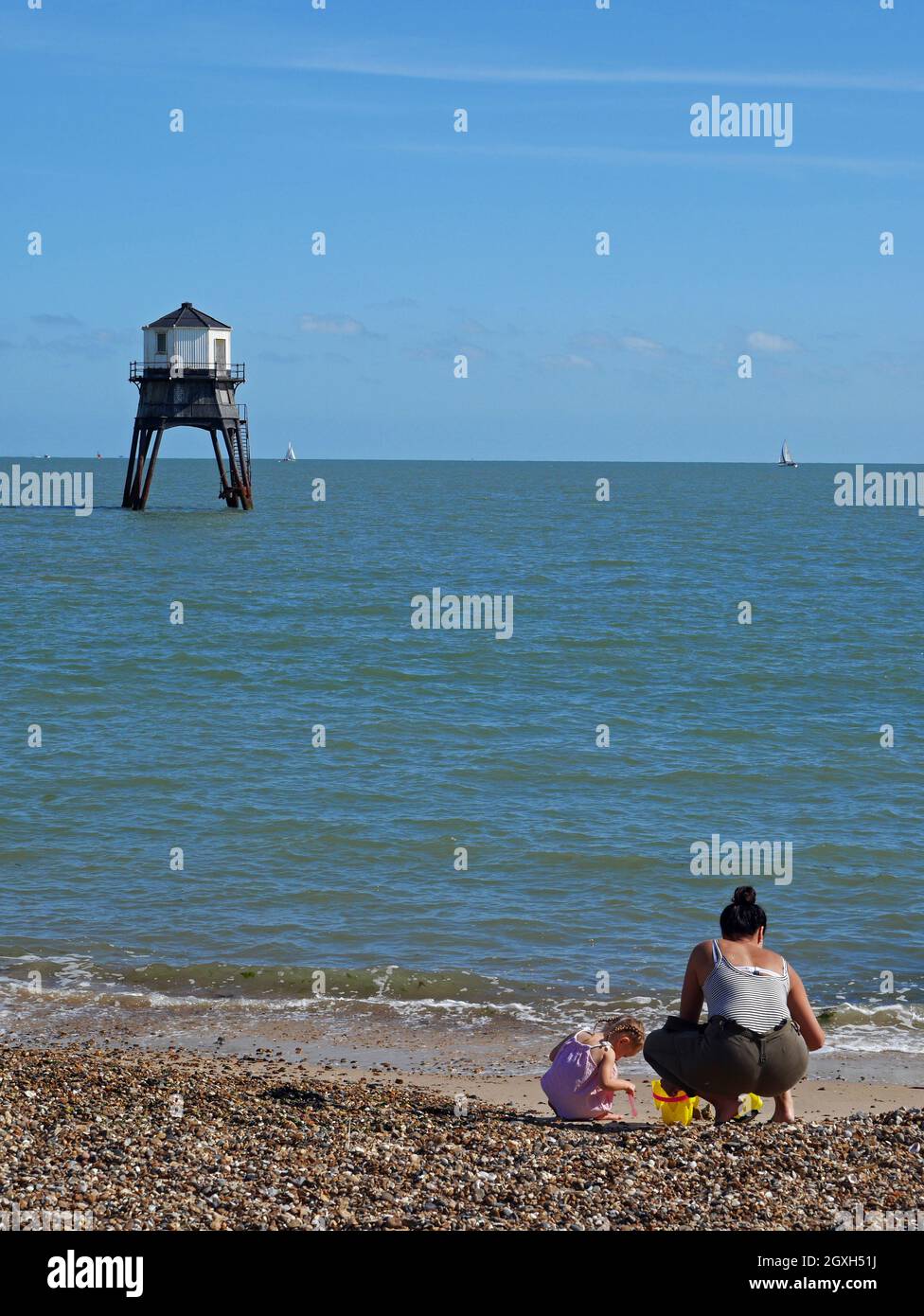 Mother with Young Child on Dovercourt Bay Beach with Bucket & Spade ...