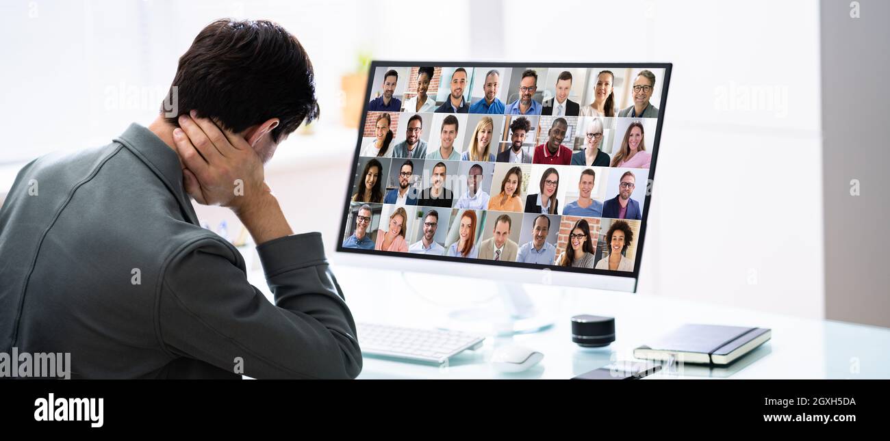 Neck Pain And Stress In Video Conference Meeting Webinar Stock Photo ...