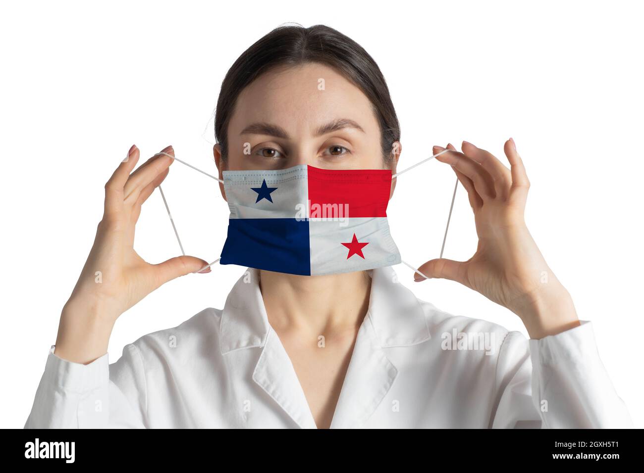 Respirator with flag of Panama Doctor puts on medical face mask ...