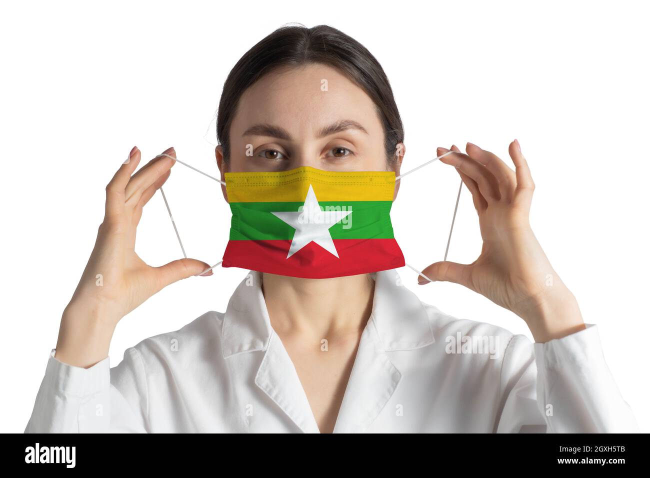 Respirator with flag of Myanmar Doctor puts on medical face mask ...