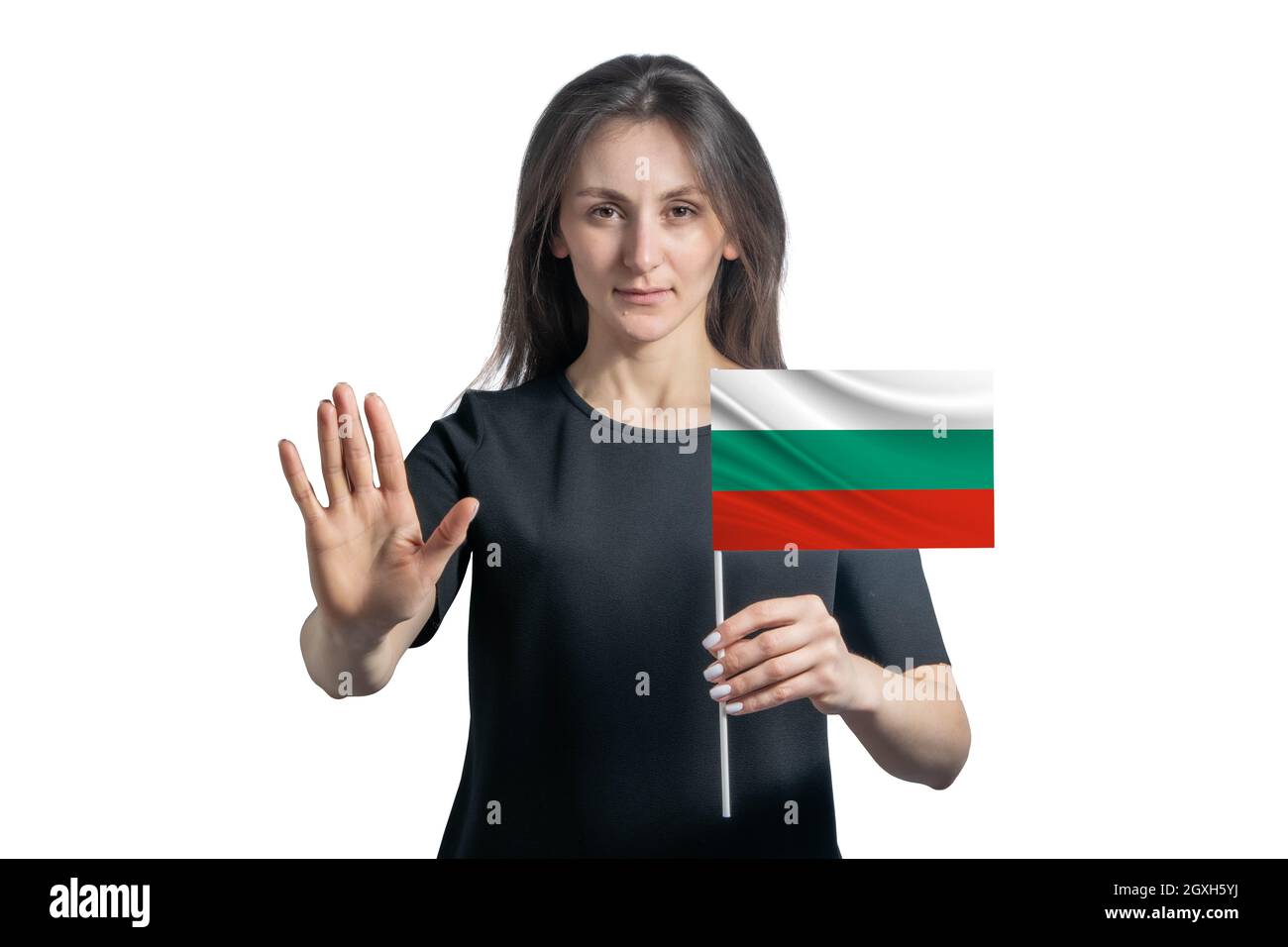 Happy young white woman holding flag of Bulgaria and with a serious ...