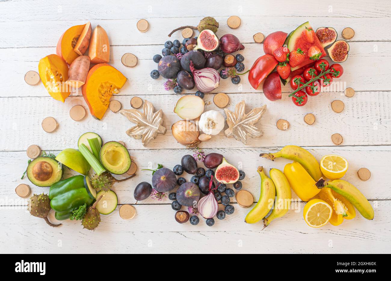 Fruit and vegetable food background. Flat lay on white background Stock ...